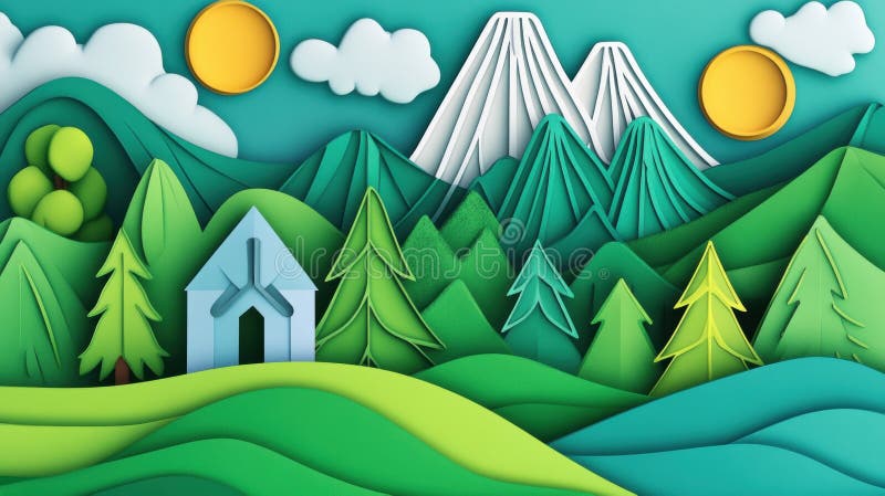 A Paper Cut Out of a Mountain with Trees and Sun, AI Stock Photo ...