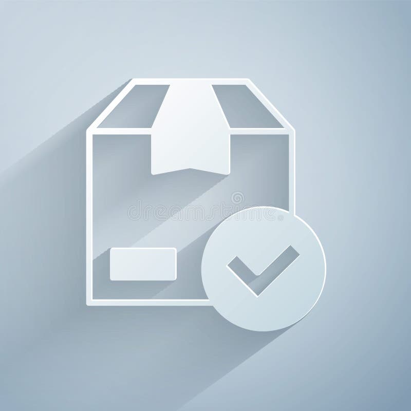 Paper Cut Package Box with Check Mark Icon Isolated on Grey Background ...