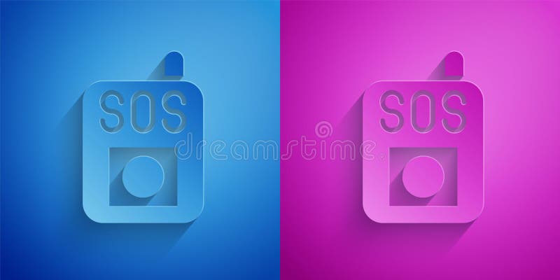 Paper Cut Press the SOS Button Icon Isolated on Blue and Purple ...