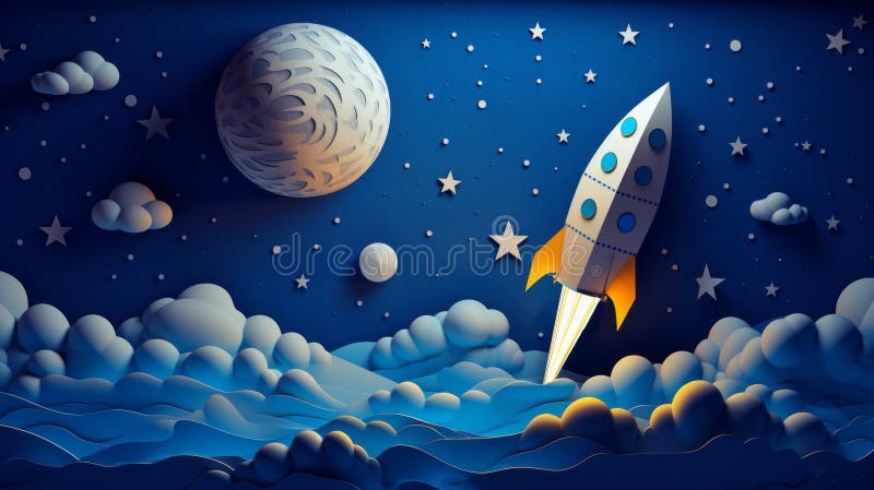 Paper-cut Rocket Soaring in Starry Night Sky Stock Illustration ...