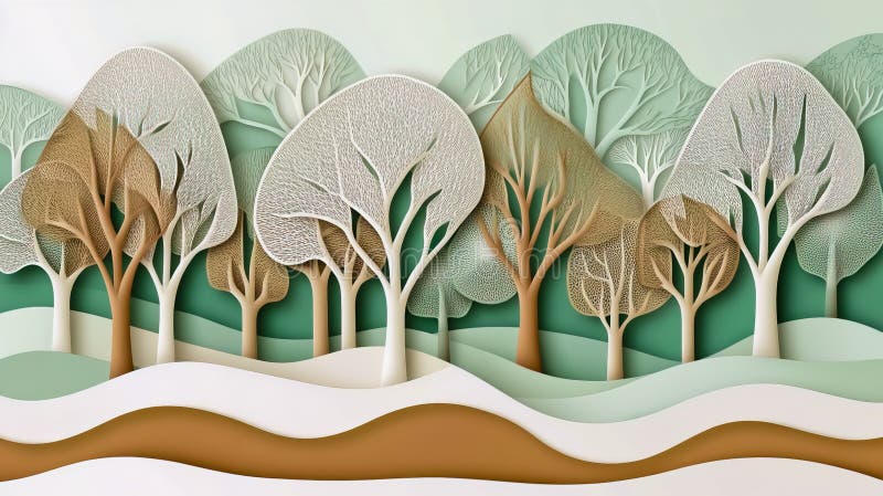 Paper-cut Style Illustration Featuring a Forest of Trees Stock ...