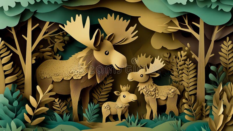 Paper-cut Style Illustration of a Moose Family Stock Illustration ...
