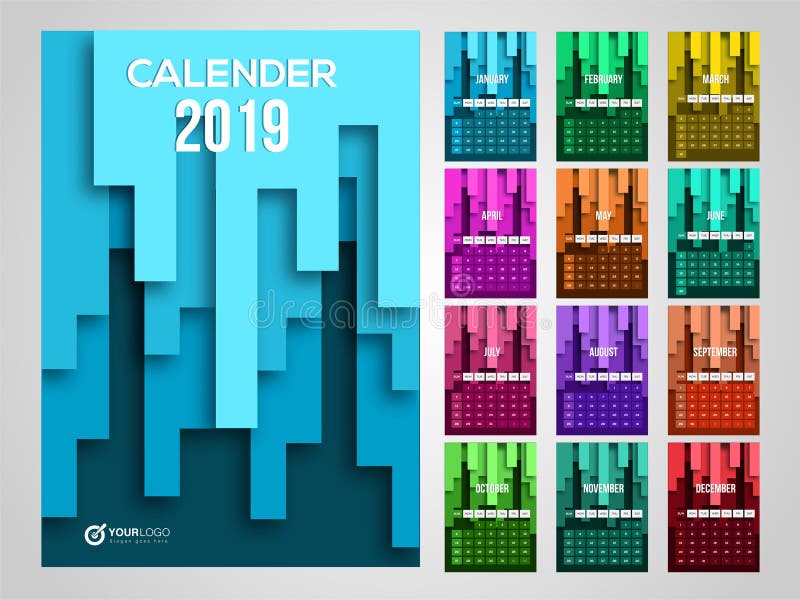 Paper Cut Style Yearly Calendar Design for 2019, Complete Set of Stock ...