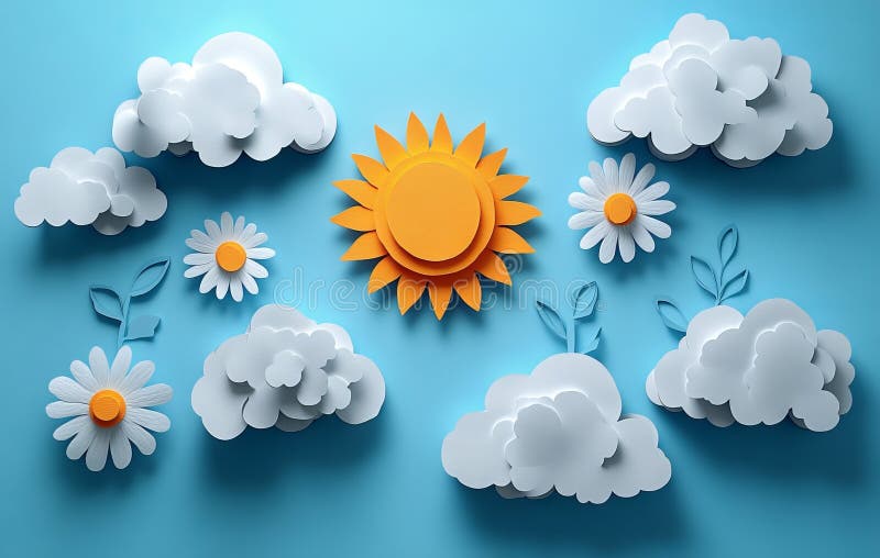 A Paper Cut Sun Surrounded by White Clouds and Daisies on a Blue ...