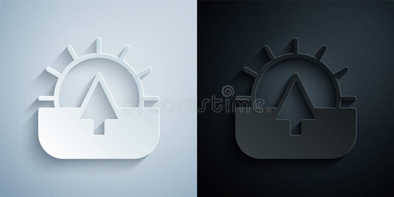 Paper Cut Sunrise Icon Isolated on Grey and Black Background. Paper Art ...