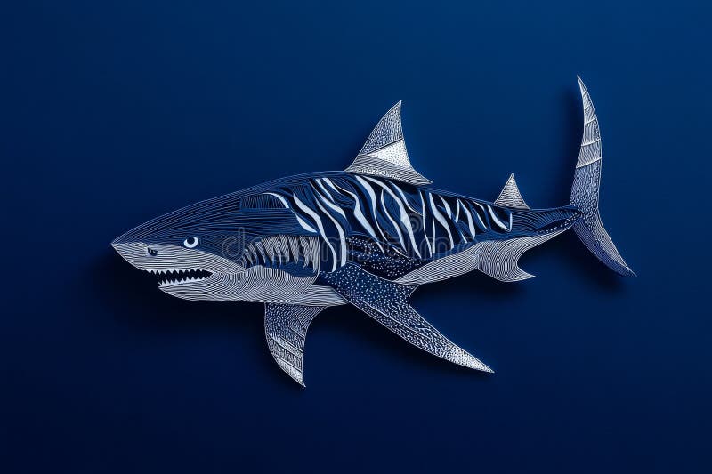 Paper Cut, Tiger Shark on Deep Blue Background, Dynamic Forms and Sharp ...