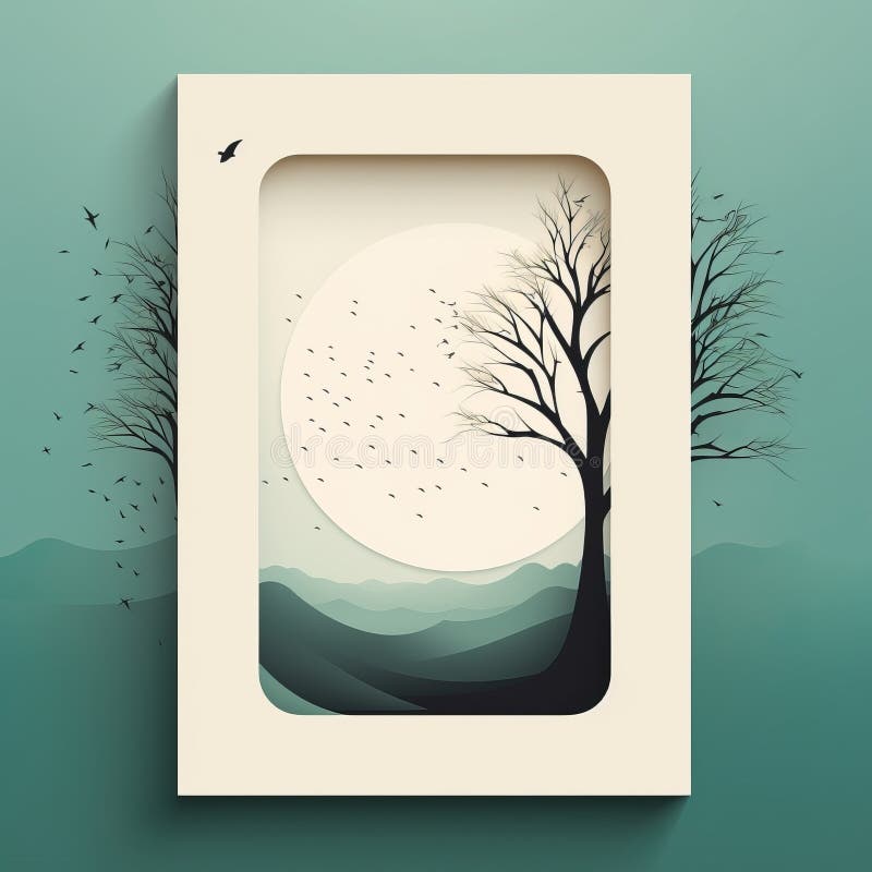 A Paper Cut of a Tree and a Full Moon in a Frame Stock Illustration ...