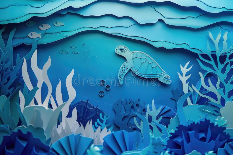 Paper Cut of a Turtle Swimming in the Ocean. Suitable for Educational ...