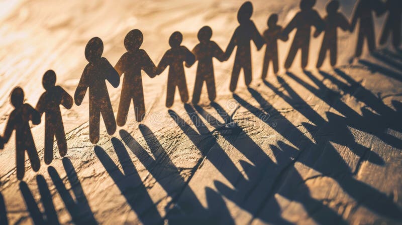 Paper Cutout Figures Holding Hands with Shadows on Wooden Surface Stock ...