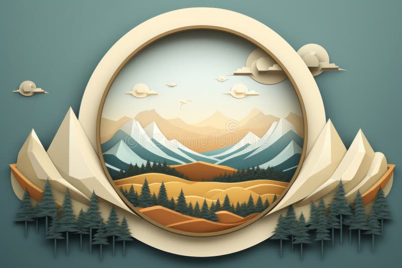 A Paper Cutout of Mountains and Trees in a Circular Frame Stock Image ...