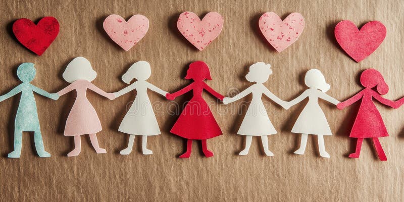 Paper Cutout People Holding Hands Hearts Brown Background Unity Concept ...