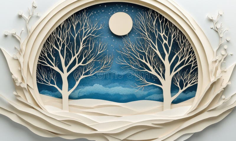 A Paper Cutout of a Winter Scene with Two Trees and a Moon Stock Image ...