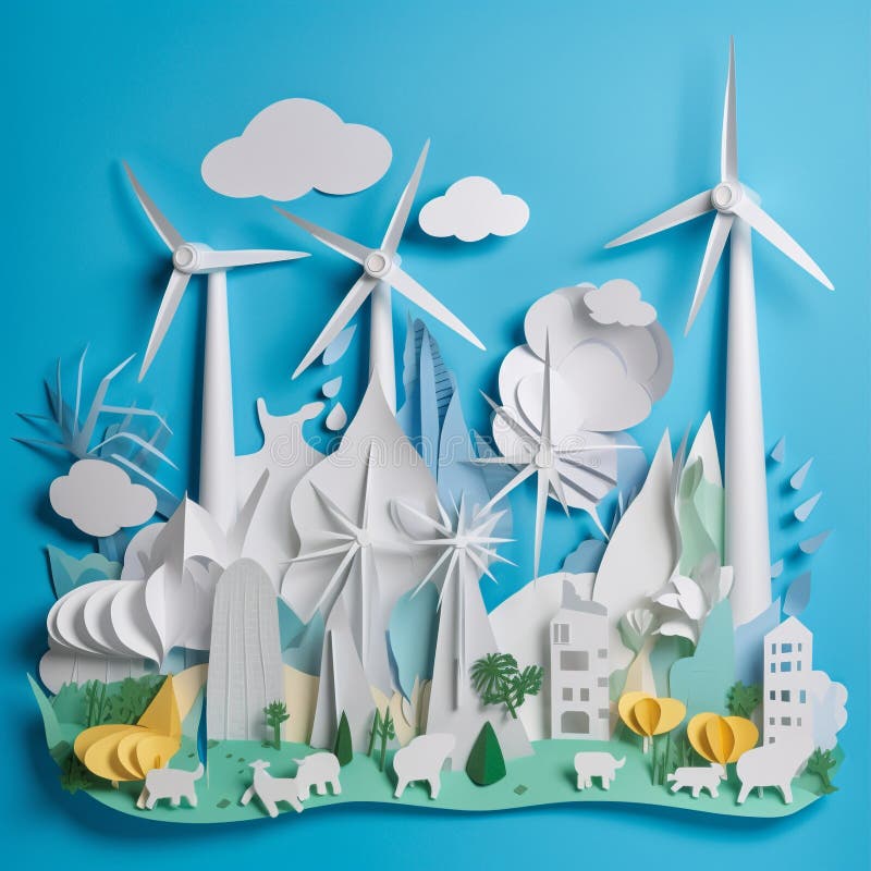 Paper Cutouts of Renewable Energy Sources Against Backdrop of Blue Sky ...