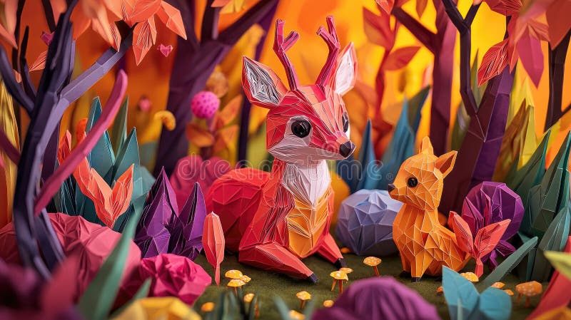 A Paper Deer and Fox Sitting in a Colorful Paper Forest Stock Photo ...