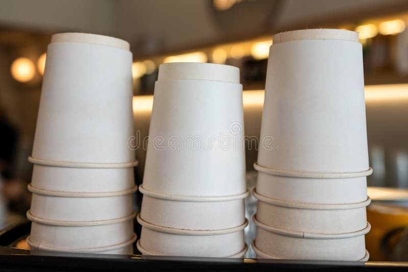 Paper Disposable Coffee Stacking on Coffee Machine at Cafe Stock Image ...