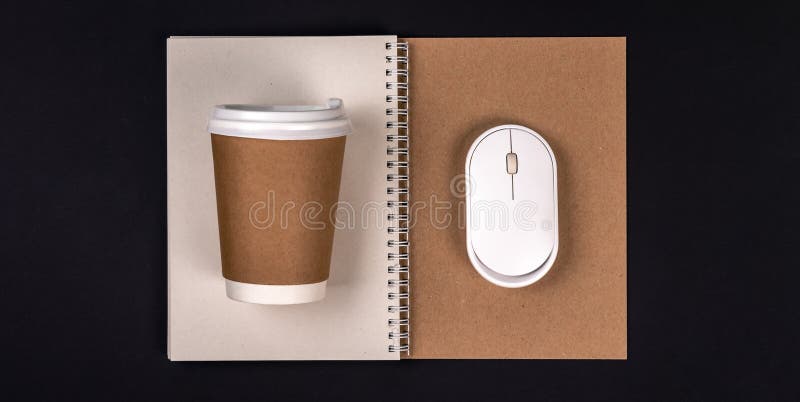 Paper Disposable Cup, Computer Mouse and Notepad, Top View. Stock Photo ...
