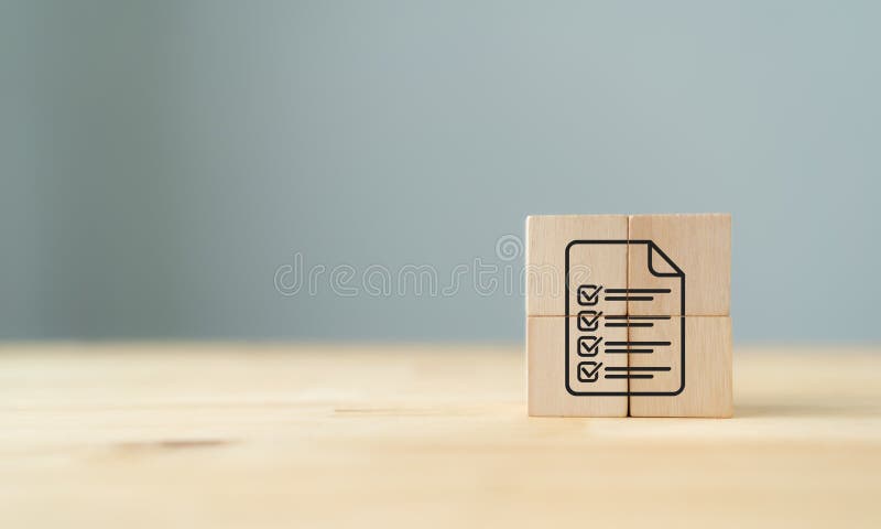 Paper Document with Check Mark Icon on Wooden Cube Block. Stock Image ...