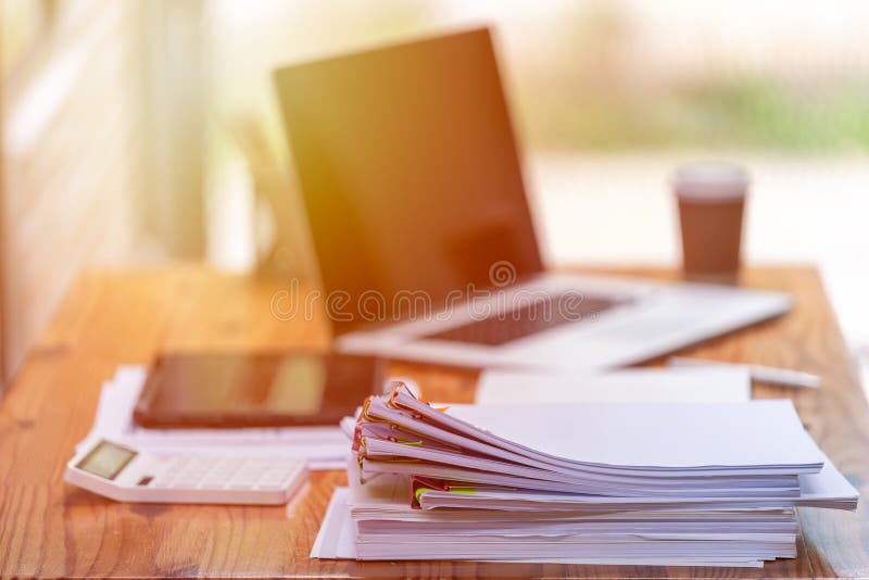 Paper Documents are Stacked on Wooden Desks at the Workplace Stock ...
