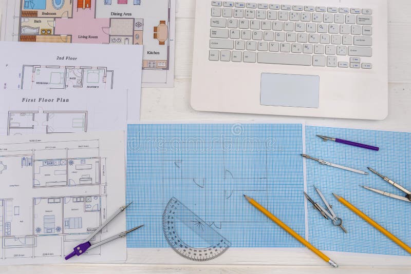 Paper for Drafting and Tools with Laptop on Desk Stock Photo - Image of ...