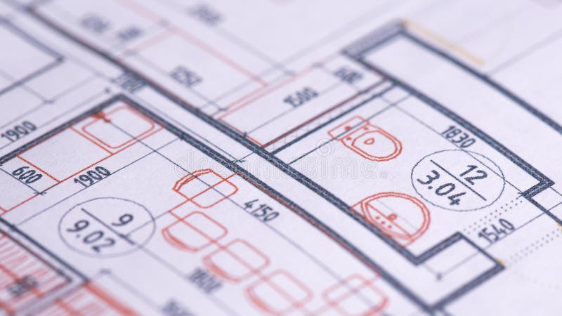 Paper drawing of a plan stock photo. Image of house - 166916940