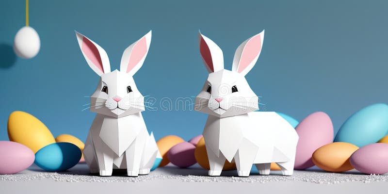 Paper Easter Bunnies Stand in Front of Easter Eggs. Stock Illustration ...