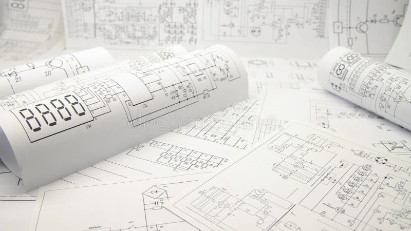Electrical Engineering Drawings, Digital Multimeter and Pencils. Stock ...