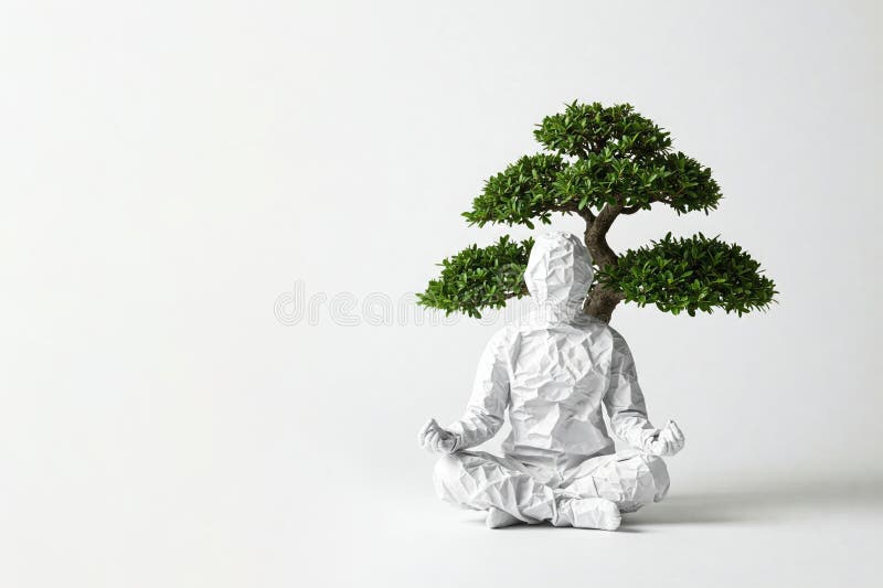 Paper Figure in Lotus Position Under a Bonsai Tree. Space for Text ...