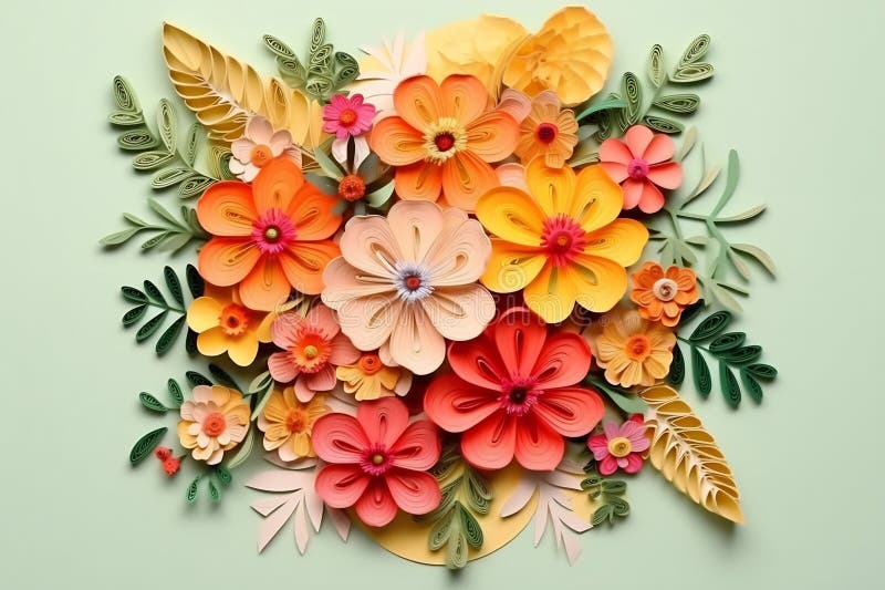Paper Flower Arrangement on Green Background Stock Image - Image of ...