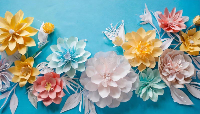 Paper Flowers on Blue Background. Colorful Paper Flowers on Blue ...