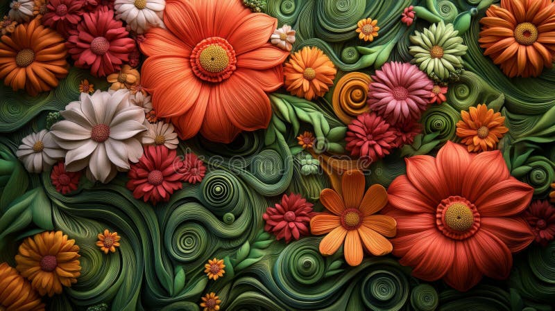 Paper Flowers in a Whirlwind of Green Stock Illustration - Illustration ...