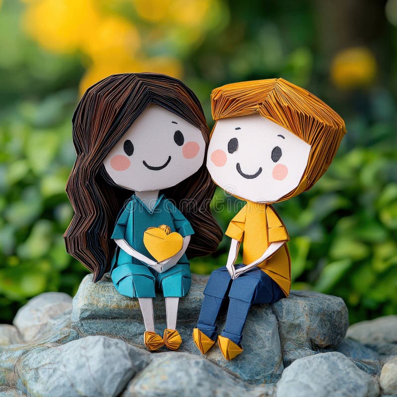 Paper Folded Characters Share Sweet Moment in Nature Embrace Stock ...