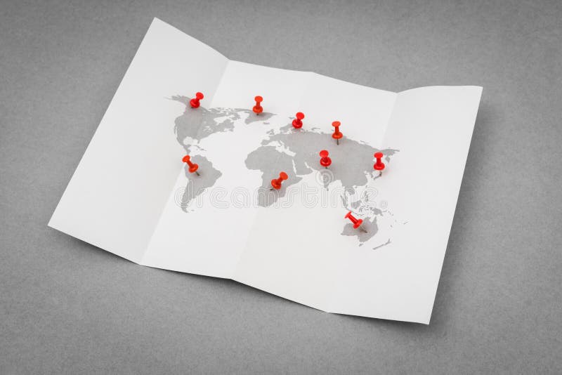 Paper Folded World Map with Red Pin Pointer . Stock Image - Image of ...