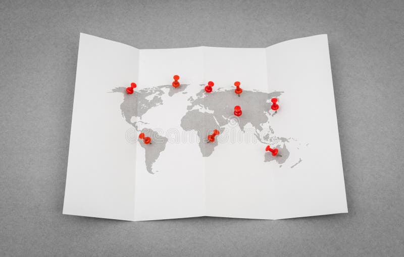 Paper Folded World Map with Red Pin Pointer . Stock Illustration ...