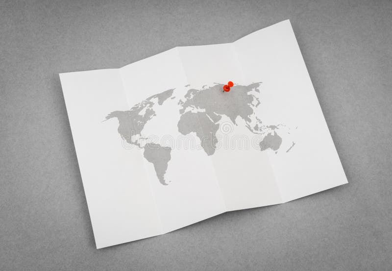 Paper Folded World Map with Red Pin Pointer . Stock Image - Image of ...