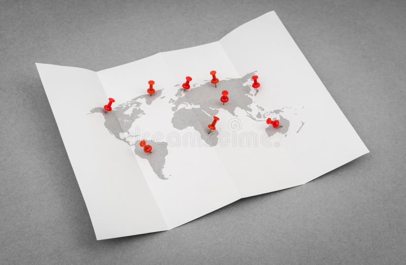 Paper Folded World Map with Red Pin Pointer . Stock Photo - Image of ...