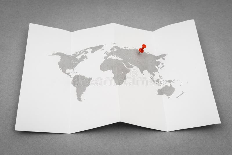 Paper Folded World Map with Red Pin Pointer . Stock Image - Image of ...