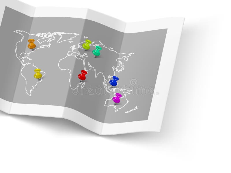 Paper Folded World Map with Red Pin Pointer Stock Vector - Illustration ...