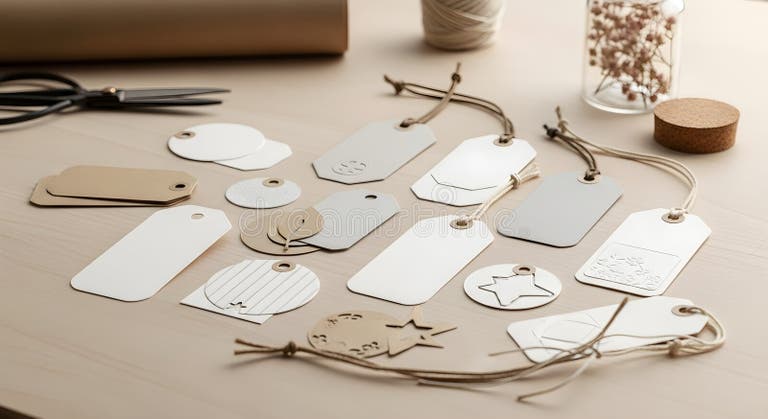 Paper Gift Tag Set Flat Lay in Home Workshop Editorial Stock ...