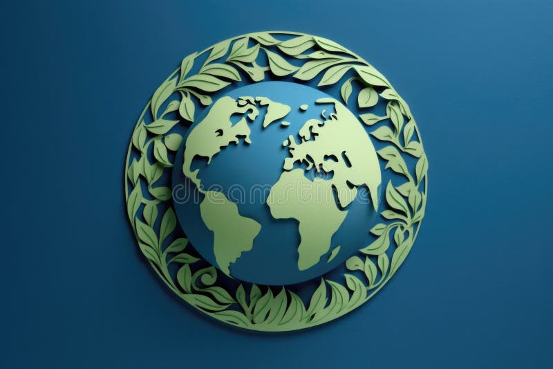 Paper Globe with a Green Leafy Border and a Blue Background Stock Image ...