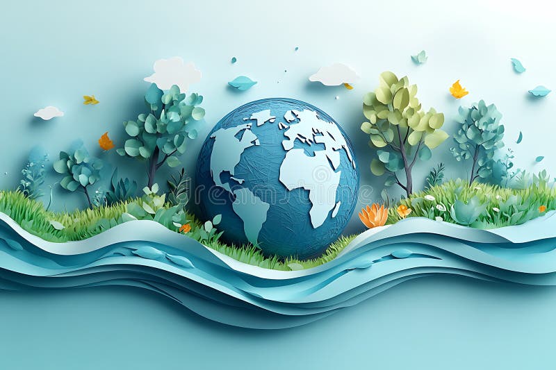 Paper Globe with Paper Trees, Clouds and Paper River on a Light Blue ...