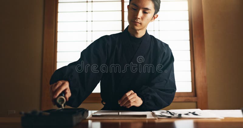 Paper, Ink and Traditional Asian Man for Writing Letters, Notes and ...