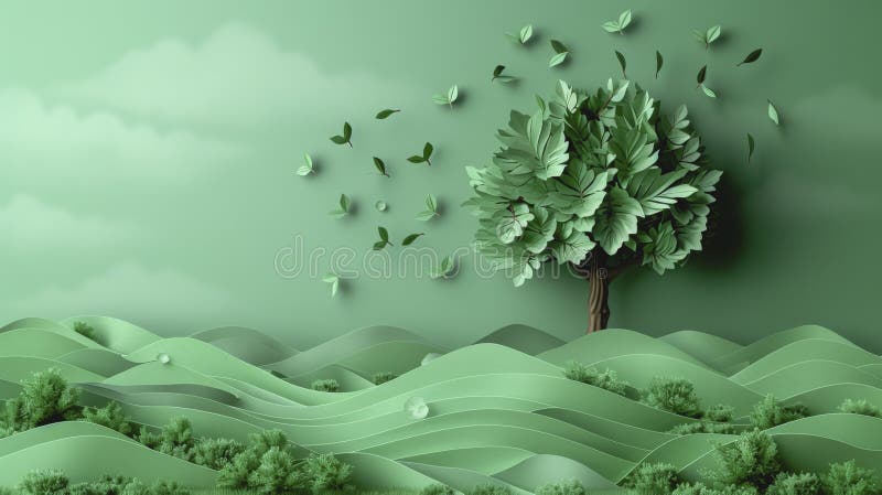 Paper Landscape with Green Tree, Made of Paper, Paper Art. Stock Image ...