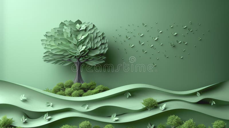 Paper Landscape with Green Tree, Made of Paper, Paper Art. Stock Photo ...
