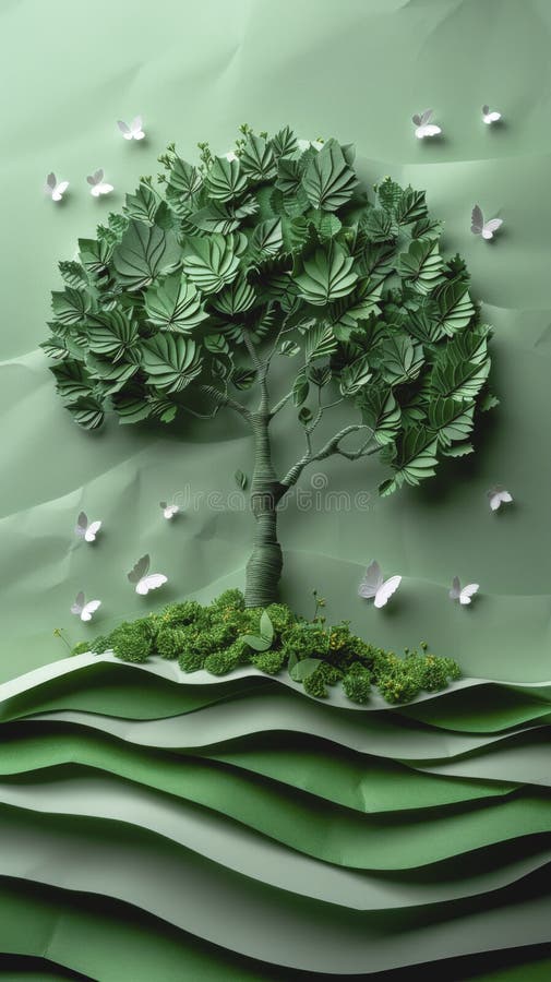 Paper Landscape with Green Tree, Made of Paper, Paper Art. Stock Image ...
