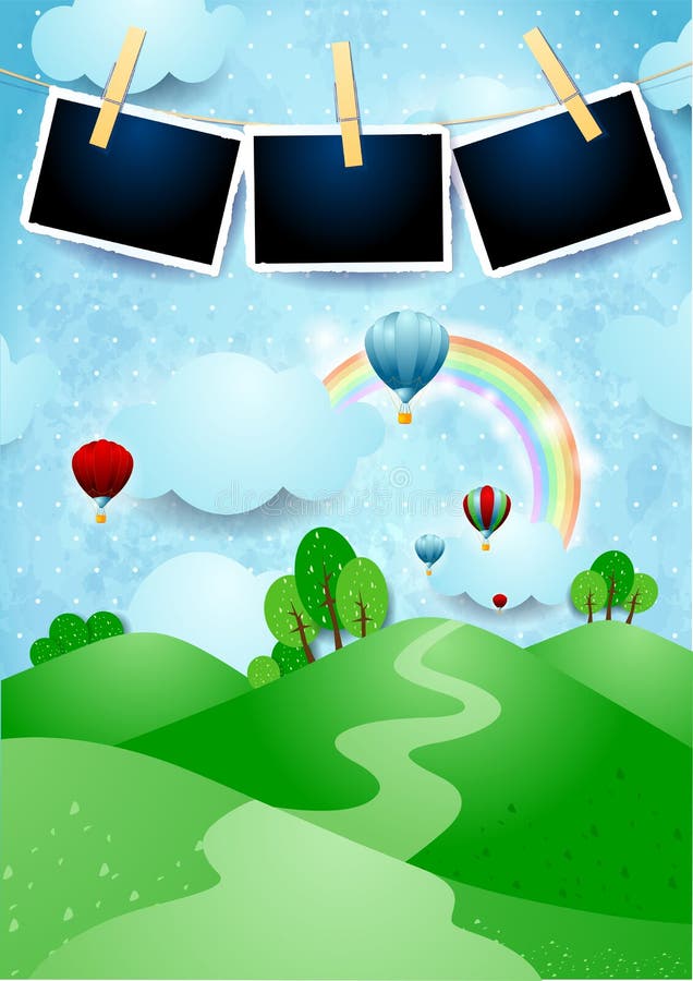 Paper Landscape with Hills, Balloons and Photo Frames Stock Vector ...