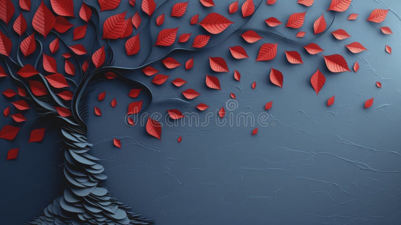 Paper Landscape, Tree with Red Leaves on a Blue Background. Stock Image ...