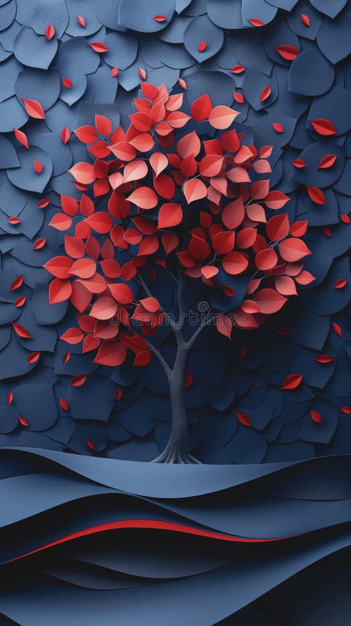 Paper Landscape, Tree with Red Leaves on a Blue Background. Stock Photo ...