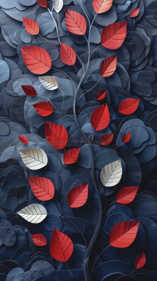 Paper Landscape, Tree with Red Leaves on a Blue Background. Stock Image ...