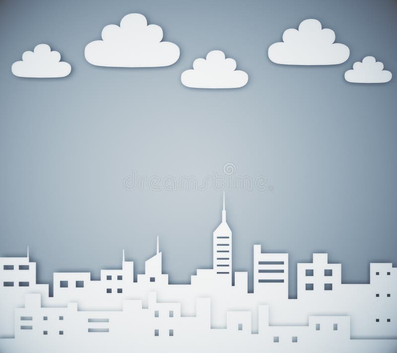 Paper Layout of City with Skyscrapers and Clouds on the Grey Background ...