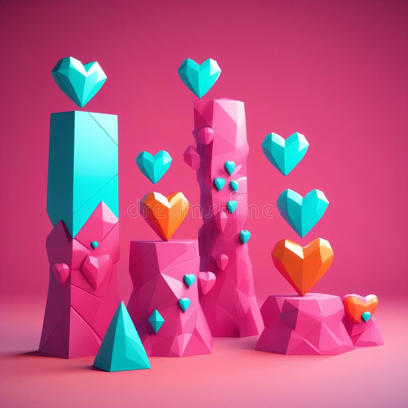 Paper Low Poly Hearts, Paper Craft Work, 3d Rendering Stock ...